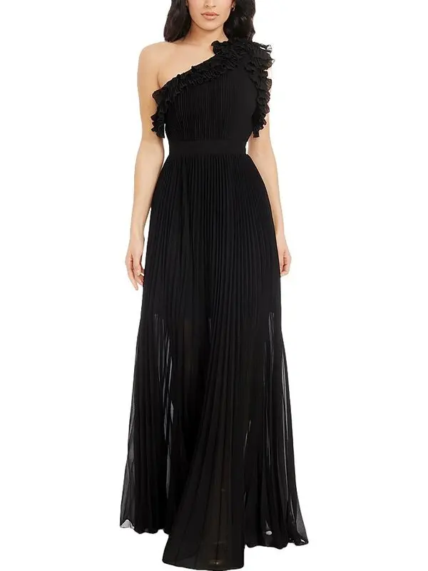 Dress The Population Vida Asymmetric Pleated Gown - Black