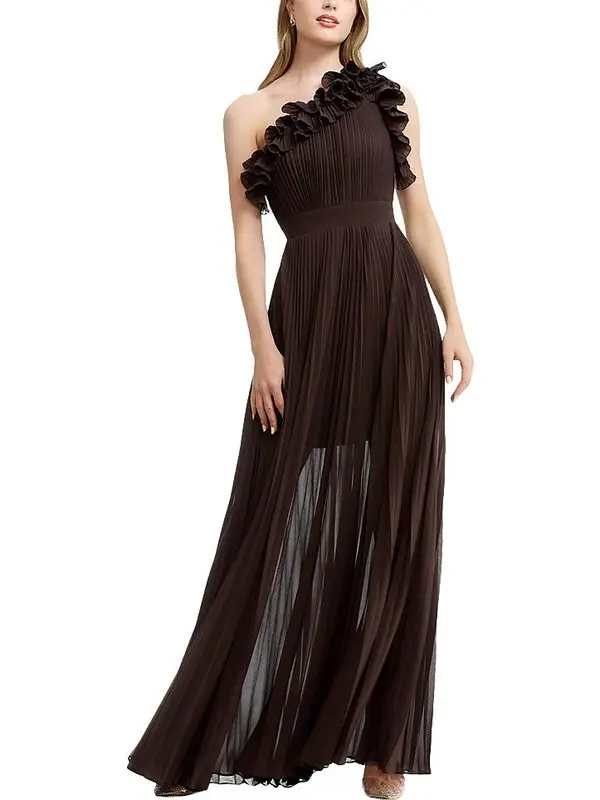 Dress The Population Vida Asymmetric Pleated Gown - Mocha