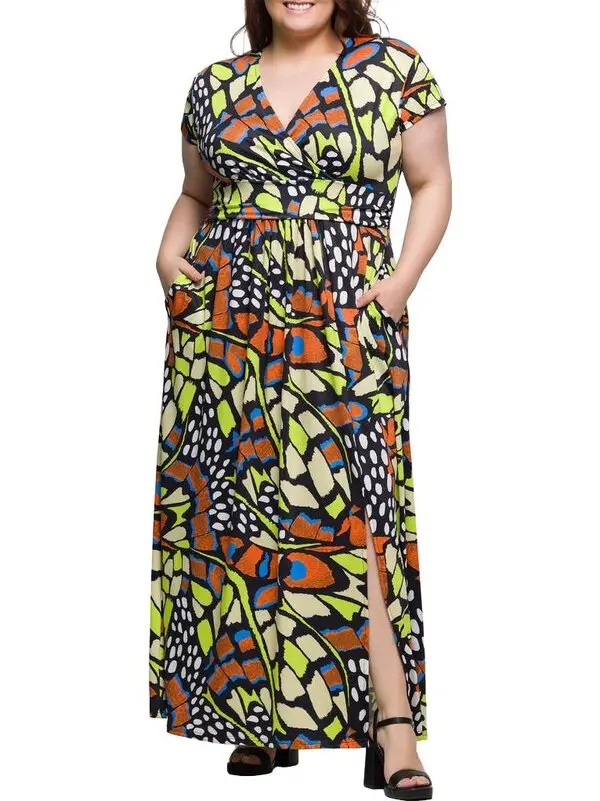 24SEVEN COMFORT APPAREL Butterfly Print V-neck Maxi Dress - Orange Multi