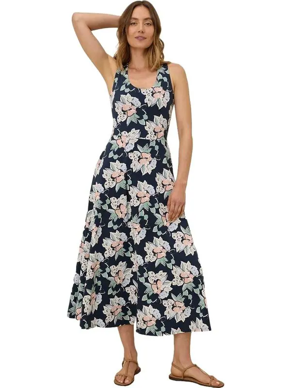 PACT Organic Cotton Fit & Flare Maxi Dress - Fresh Flora Midnight Blue