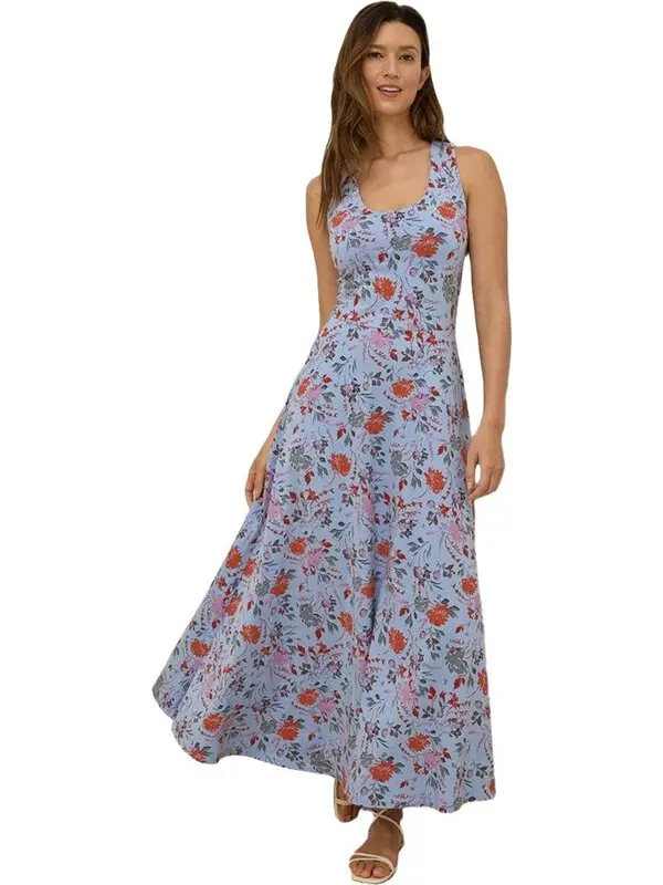 PACT Organic Cotton Fit & Flare Maxi Dress - Nightfall Blooms Blue