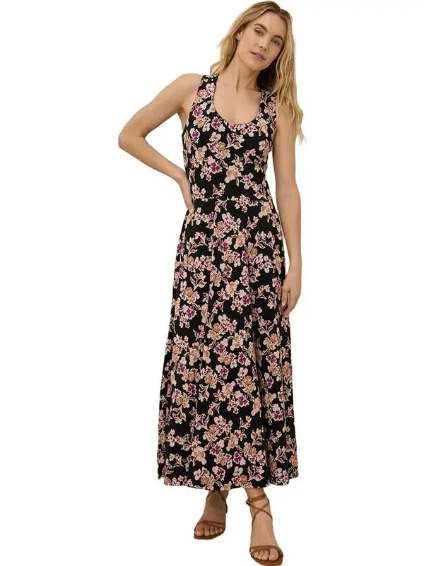 PACT Organic Cotton Fit & Flare Maxi Dress - Scattered Posies Black
