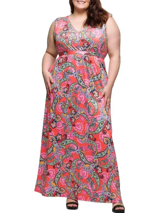 24SEVEN COMFORT APPAREL Sleeveless Maxi Dress - Coral Multi