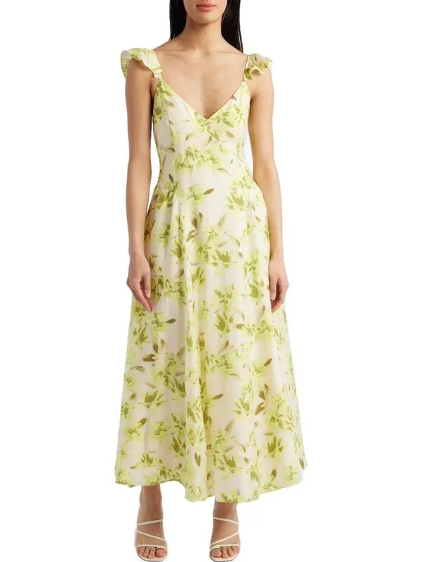 Chelsea28 Flutter Sleeve Maxi Dress - Beige- Green Shadow Bloom