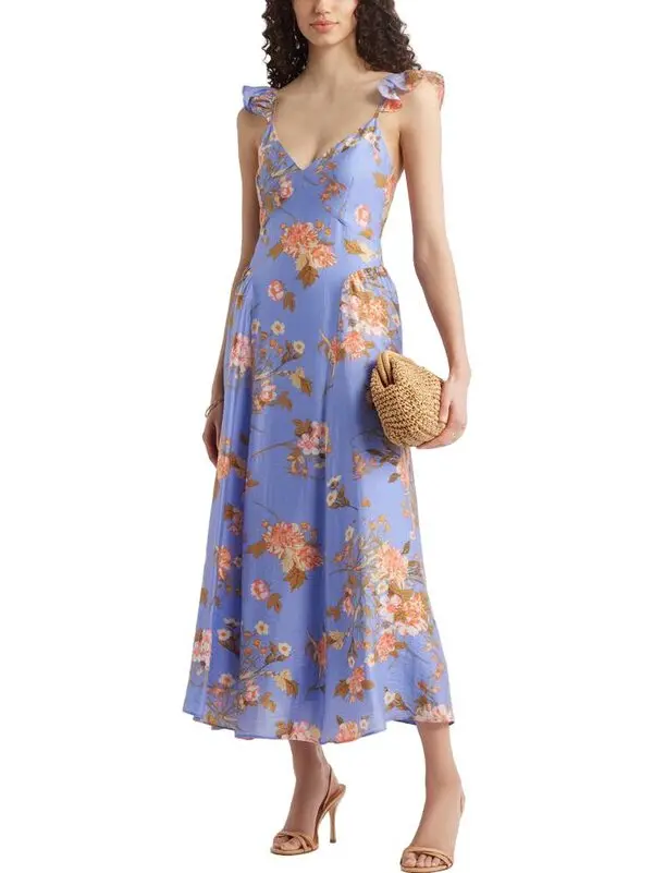 Chelsea28 Flutter Sleeve Maxi Dress - Blue- Orange Romantic Blooms