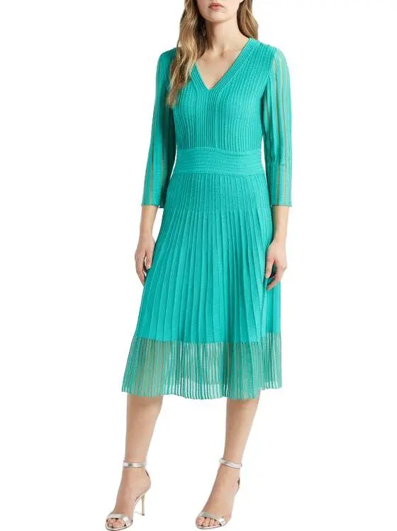 Ming Wang Ribbed Fit & Flare Midi Sweater Dress - Emerald Awe