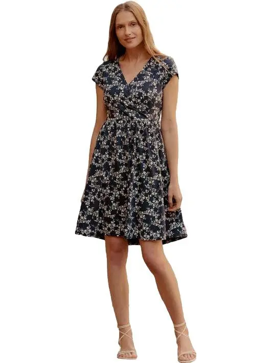 PACT Organic Cotton Fit & Flare Crossover Dress - Bouquet Blooms Midnight Blue