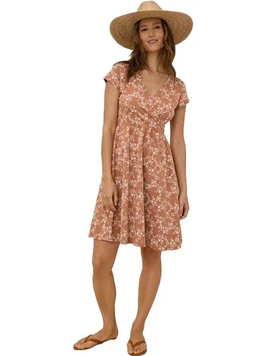 PACT Organic Cotton Fit & Flare Crossover Dress - Bouquet Blooms Ochre