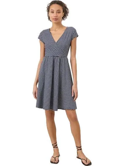 PACT Organic Cotton Fit & Flare Crossover Dress - Hudson Stripe Navy Blue