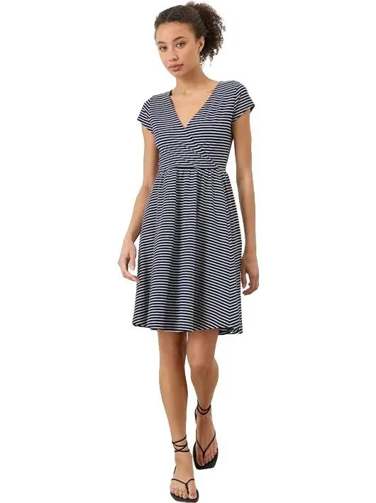 PACT Organic Cotton Fit & Flare Crossover Dress - Hudson Stripe Navy Blue