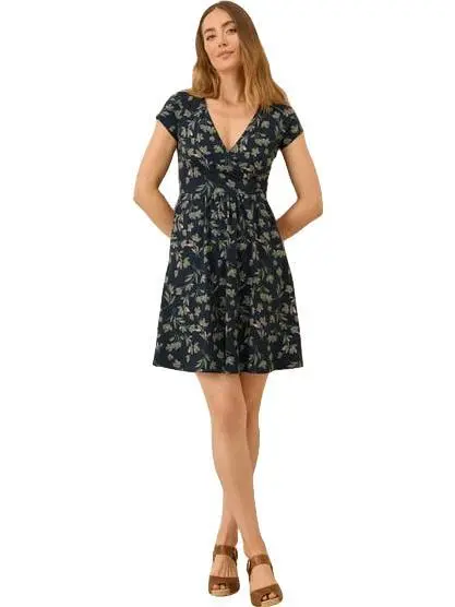 PACT Fit & Flare Crossover Dress - Painted Petals Midnight Blue