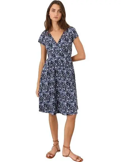 PACT Organic Cotton Fit & Flare Crossover Dress - Paradise Petals Navy Blue