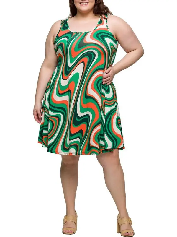24SEVEN COMFORT APPAREL Swirl Print Knit Mini Dress - Green Multi