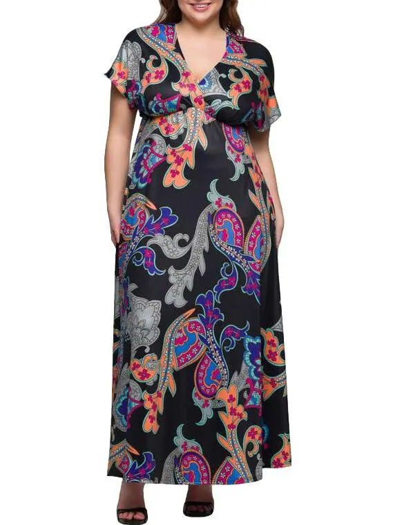 24SEVEN COMFORT APPAREL Paisley Knit Maxi Dress - Black Multi