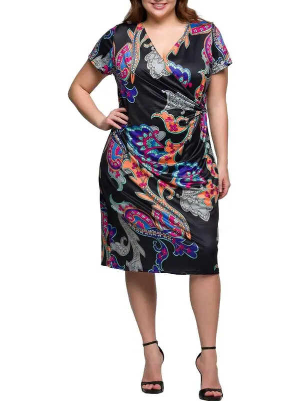 24SEVEN COMFORT APPAREL Paisley Floral Wrap Front Knit Midi Dress - Black Multi