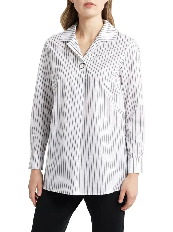 Ming Wang Stripe Cotton Popover Shirt - White/ Black