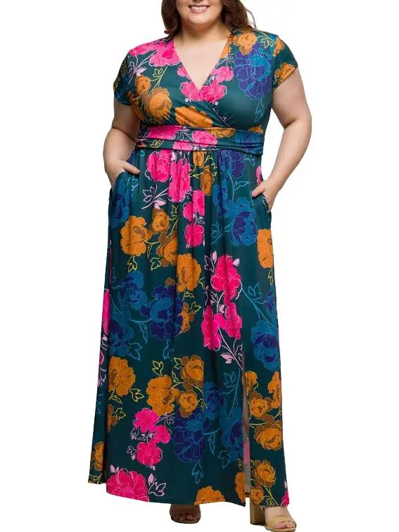 24SEVEN COMFORT APPAREL Floral Knit Maxi Dress - Green Multi