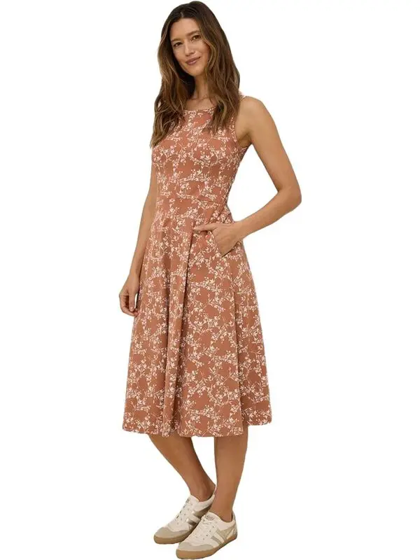 PACT Organic Cotton Fit & Flare Keyhole Back Dress - Bouquet Blooms Ochre