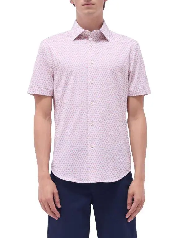Bugatchi Miles Ooohcotton® Peach Print Short Sleeve Button-up Shirt - Papaya