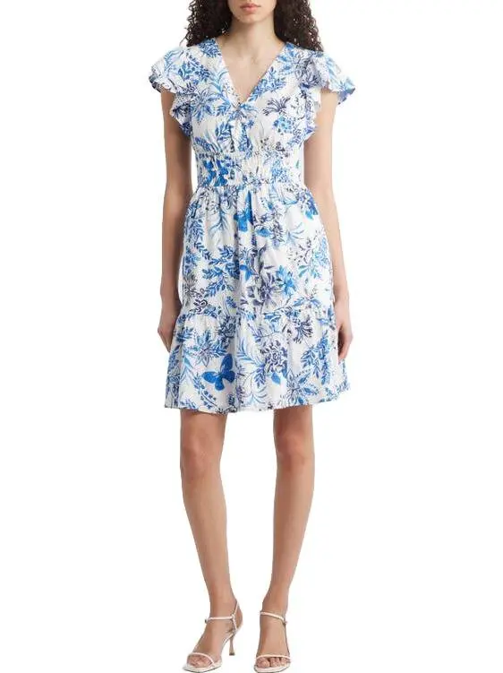 Eliza J Floral Print Tiered Dress - Iye Blue/ White Multi
