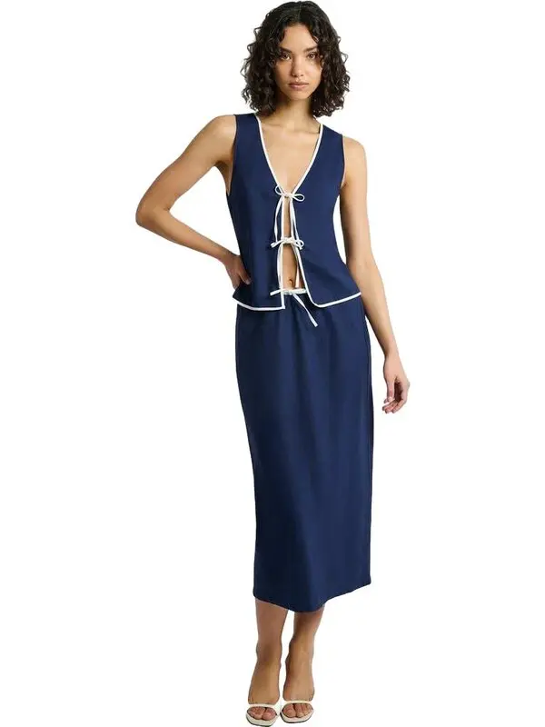 Onia Air Linen Tie Front Tank - Deep Navy/white