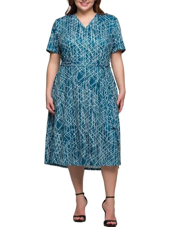 24SEVEN COMFORT APPAREL Abstract Print Knit Midi Dress - Blue Multi