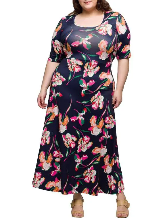 24SEVEN COMFORT APPAREL Floral Knit Maxi Dress - Navy Multi
