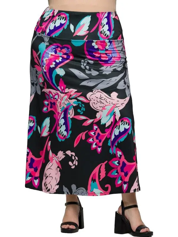 24SEVEN COMFORT APPAREL Pull-on Printed Maxi Skirt - Pink Multi