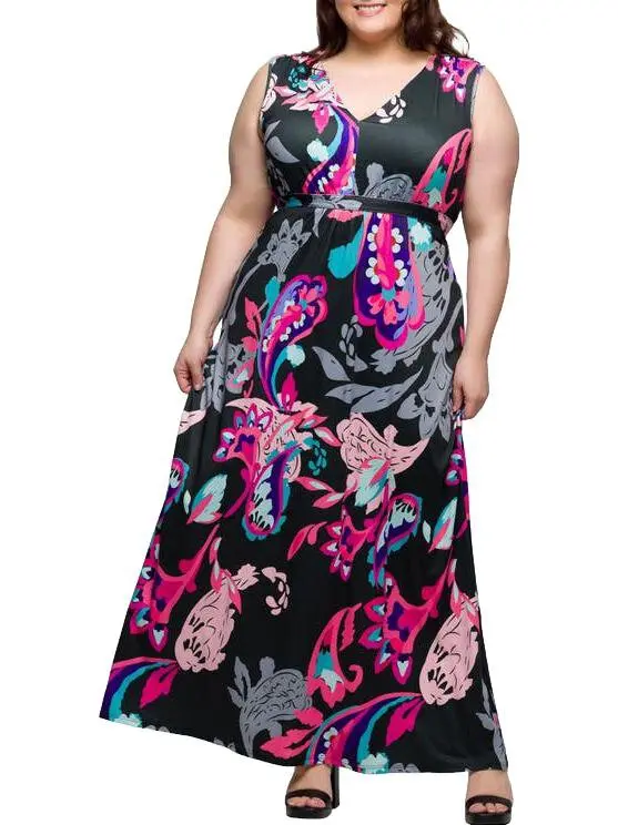 24SEVEN COMFORT APPAREL V-neck Maxi Dress - Pink Multi