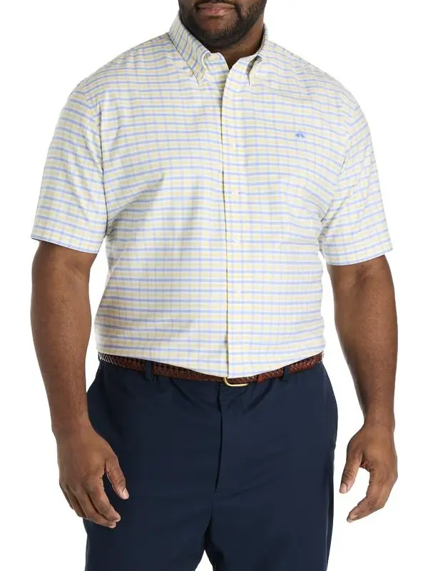 B+T ESSENTIALS FIT BY DXL Big & Tall Non-iron Gingham Sport Shirt - Yellow Blue Ging
