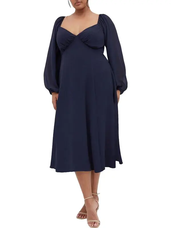 City Chic Flirty Long Sleeve Cocktail Midi Dress - Navy