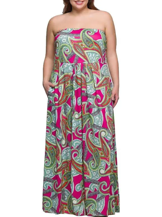 24SEVEN COMFORT APPAREL Print Strapless Maxi Dress - Pink Multi