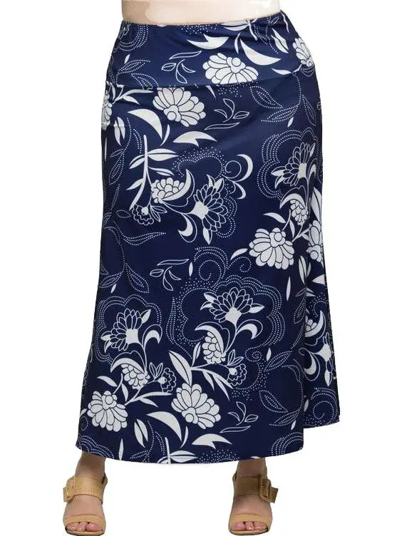 24SEVEN COMFORT APPAREL Pull-on Maxi Skirt - Navy Multi