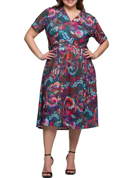24SEVEN COMFORT APPAREL Abstract Floral Tie Waist Knit Midi Dress - Pink Multi