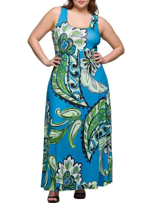 24SEVEN COMFORT APPAREL Floral Knit Maxi Dress - Blue Multi