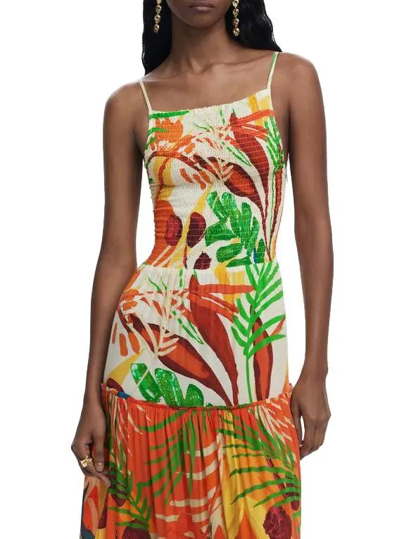 Desigual Smocked Bodice Tiered Maxi Dress - Orange Multi