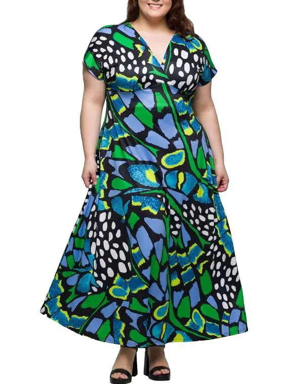 24SEVEN COMFORT APPAREL Mixed Abstract Print Knit Maxi Dress - Green Multi