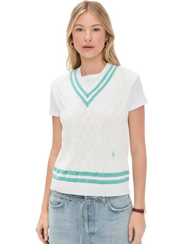 SPORTY & RICH Cable Knit Vest - Off White/caribbean