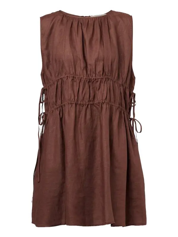 Asceno Gathered Linen Mini Dress - Brown