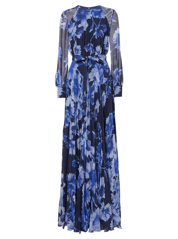 Erdem Floral Pleated Voile Gown - Blue