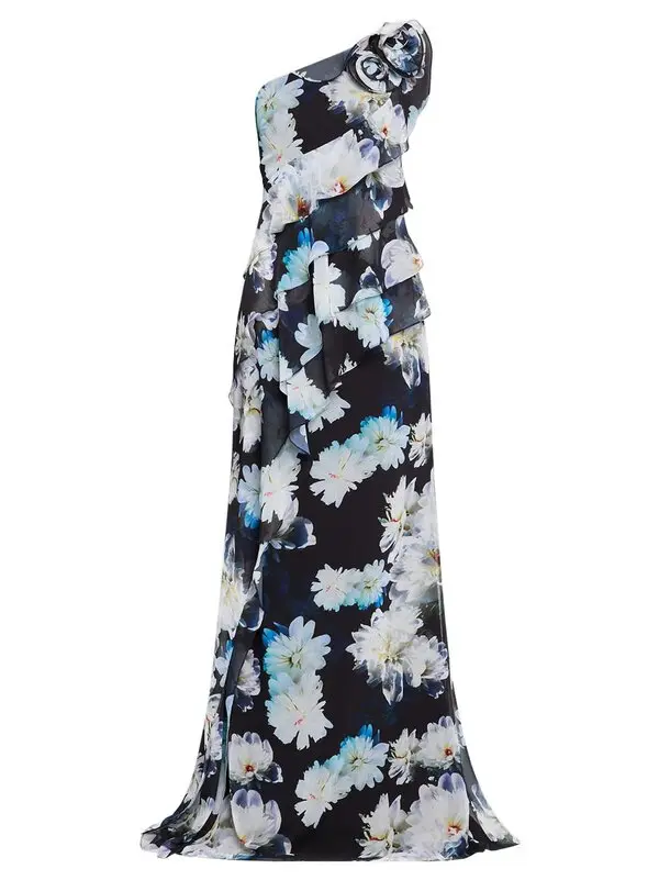 Rickie Freeman For Teri Jon One-shoulder Floral Gown - Black Multi