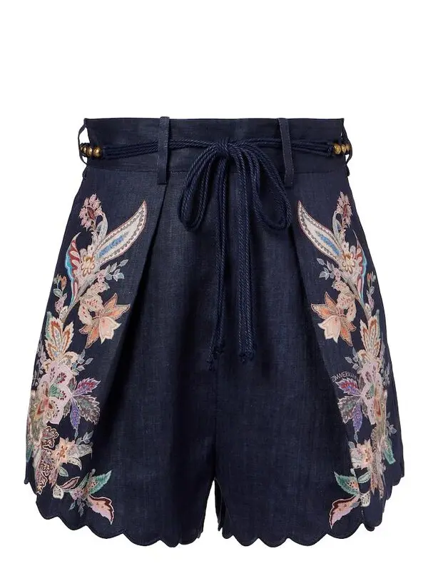 Zimmermann Rhiannon Paisley Embroidered Linen Shorts - Blue