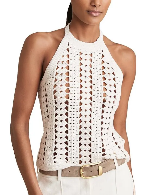 REISS Crocheted Halter Top - White