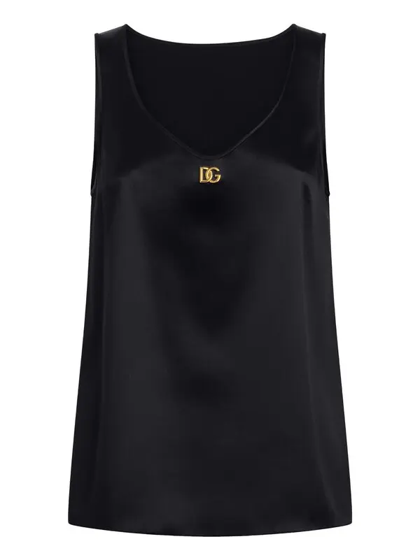 Dolce & Gabbana Satin Tank Top With Dg Logo Pin - Black