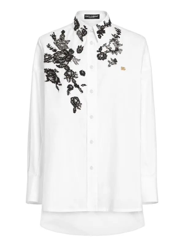 Dolce & Gabbana Oversize Cotton Poplin Shirt With Lace Appliqués - White