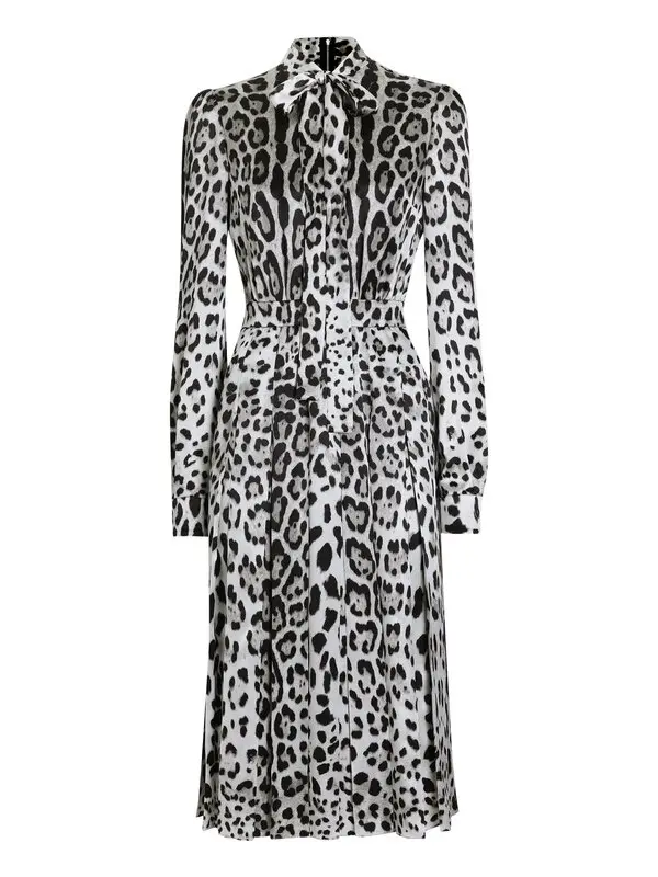 Dolce & Gabbana Satin Calf-length Shirt Dress With Pussy-bow And Leopard - Print