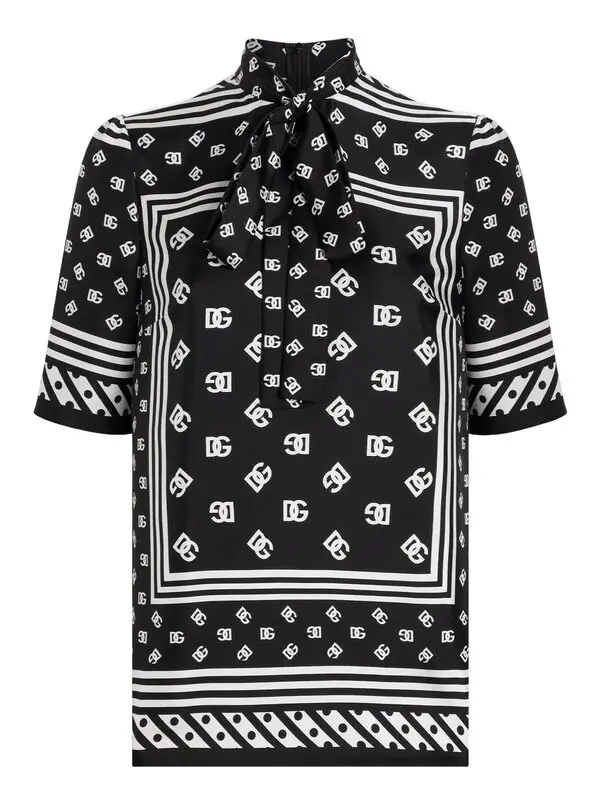 Dolce & Gabbana Short-sleeved Silk Blouse With Dg Logo Scarf Print - Black