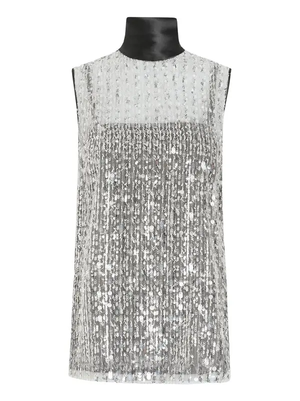 Dolce & Gabbana Tulle Turtleneck Top With Sequin Embellishment - Silver