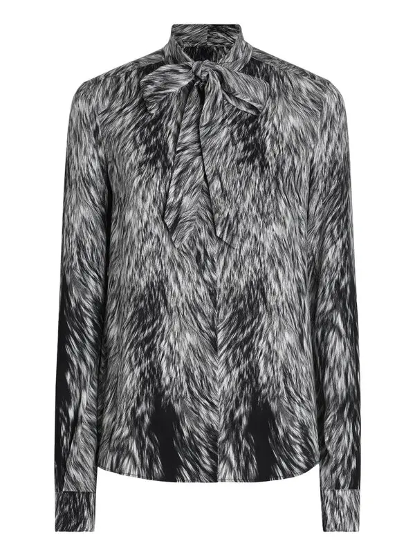 Dolce & Gabbana Fur-print Charmeuse Shirt With Pussy-bow - Grey