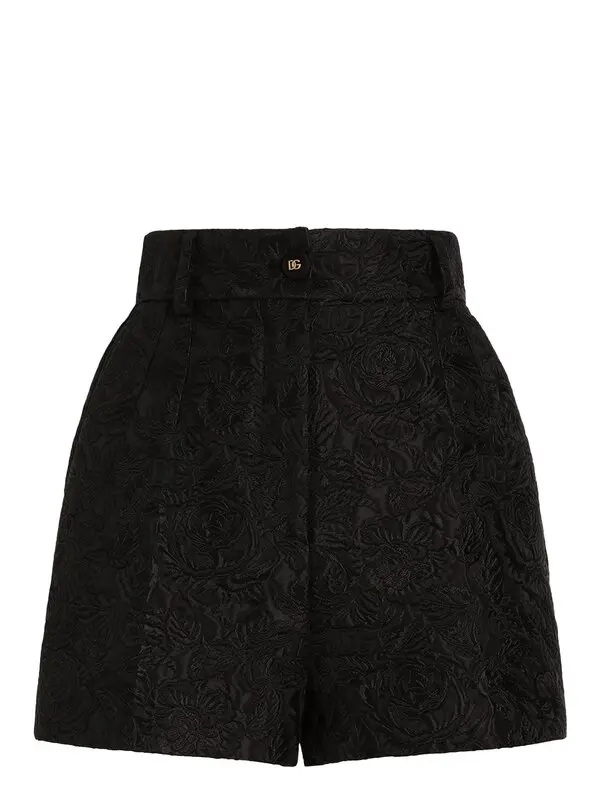 Dolce & Gabbana Quilted Floral Jacquard Shorts With Logo - Black